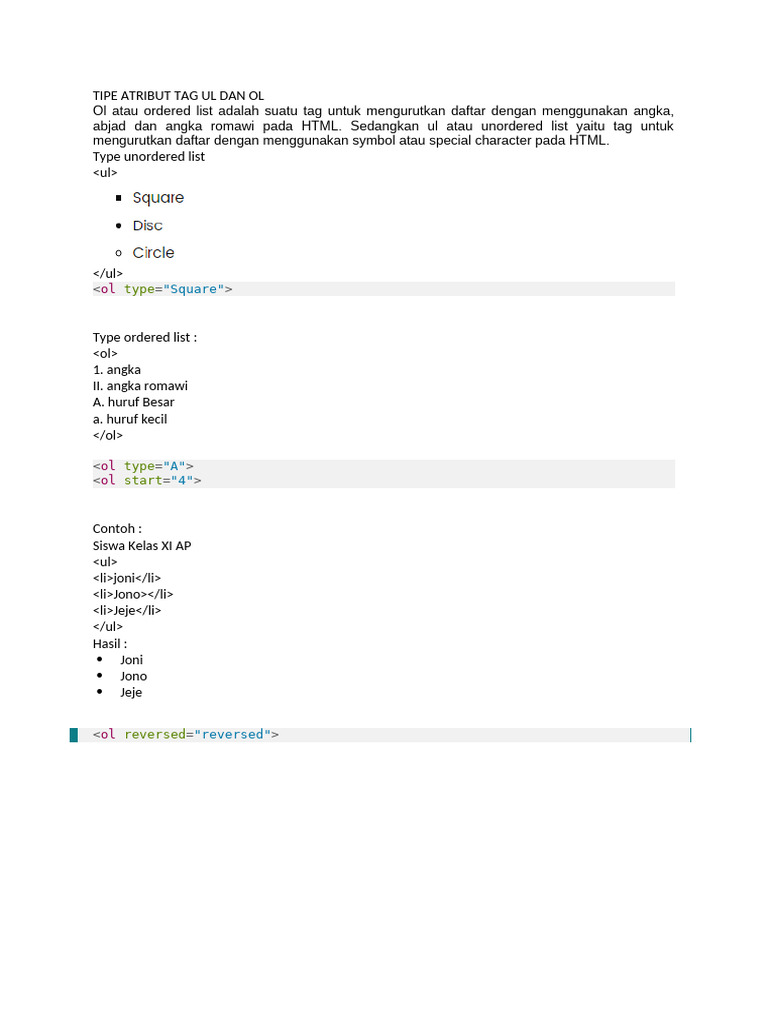Tipe Atribut Tag Ul Dan Ol | PDF