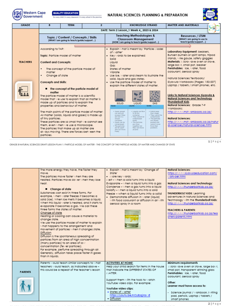 Lesson Plan_1 Gr. 8 Natural Sciences T2 W4 | PDF | Gases | Liquids