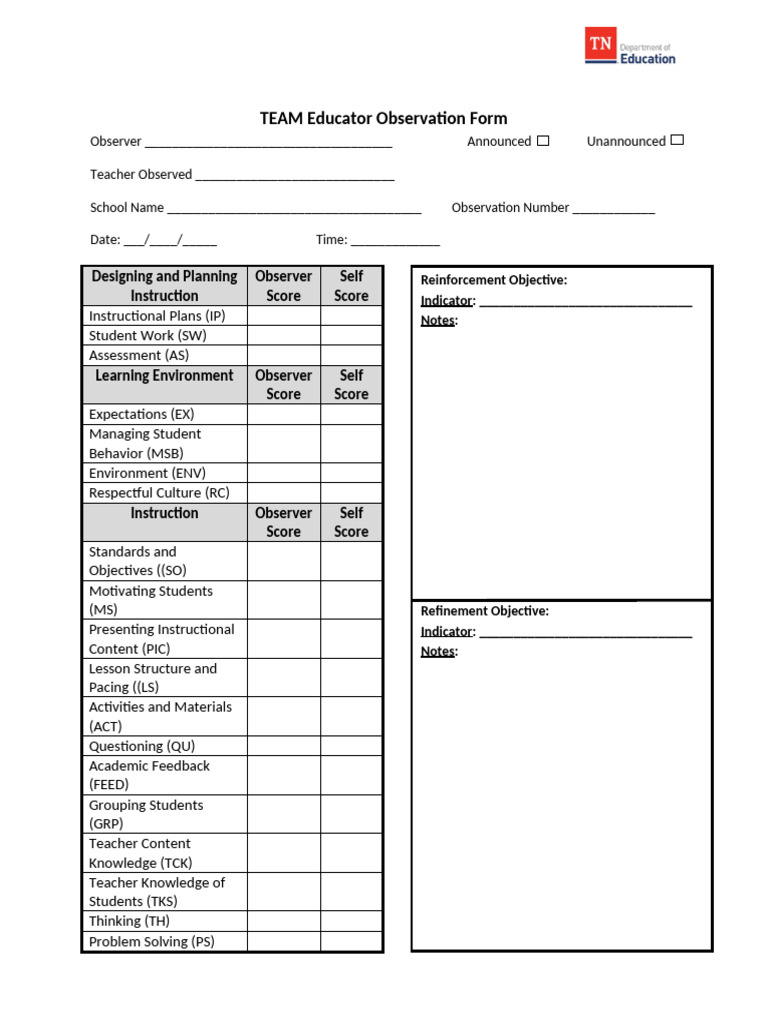 TEAMs General Educator Observation Forms | PDF