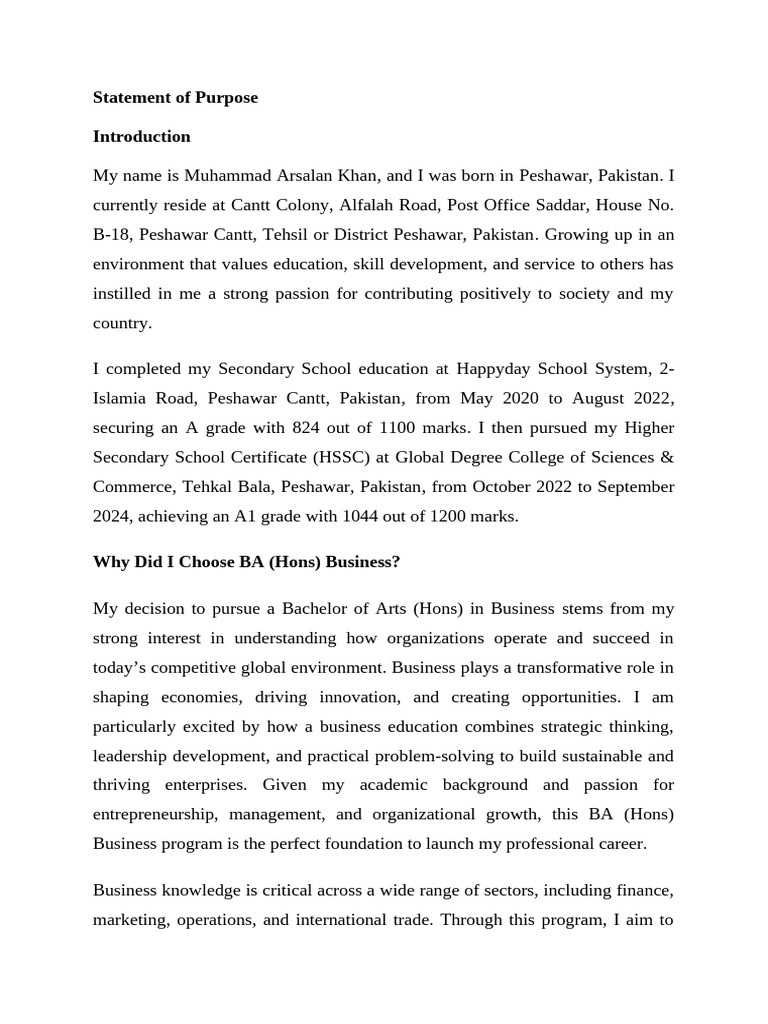 Muhammad Arsalan Khan UWS SOP | PDF | Entrepreneurship | Strategic Management