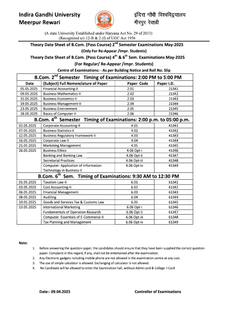 Theory Date Sheet of B.Com. (Pass Course) 2nd, 4th & 6th Semester Examinations May-2025 . | PDF
