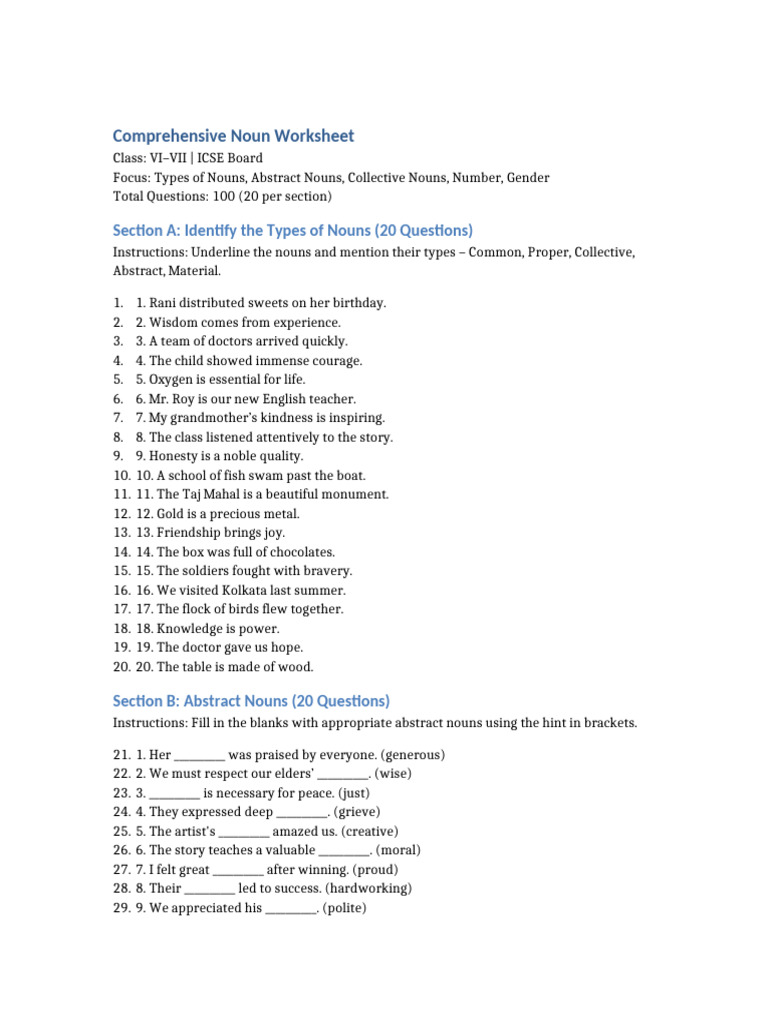 Noun Worksheet for Class 7 ICSE | PDF | Grammatical Gender