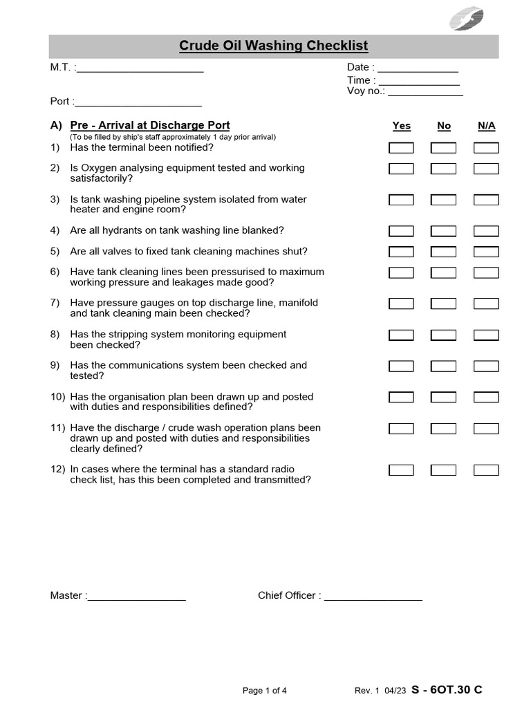 COW CHECKLIST - Compressed | PDF | Oil Tanker | Gases