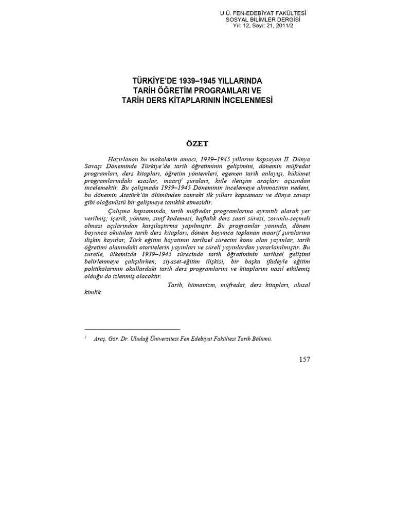 T Rkiye de 1939 - 1945 Y Llar Nda Tarih Retim Programlar Ve Tarih Ders Kitaplar n n Ncelenmesi ...