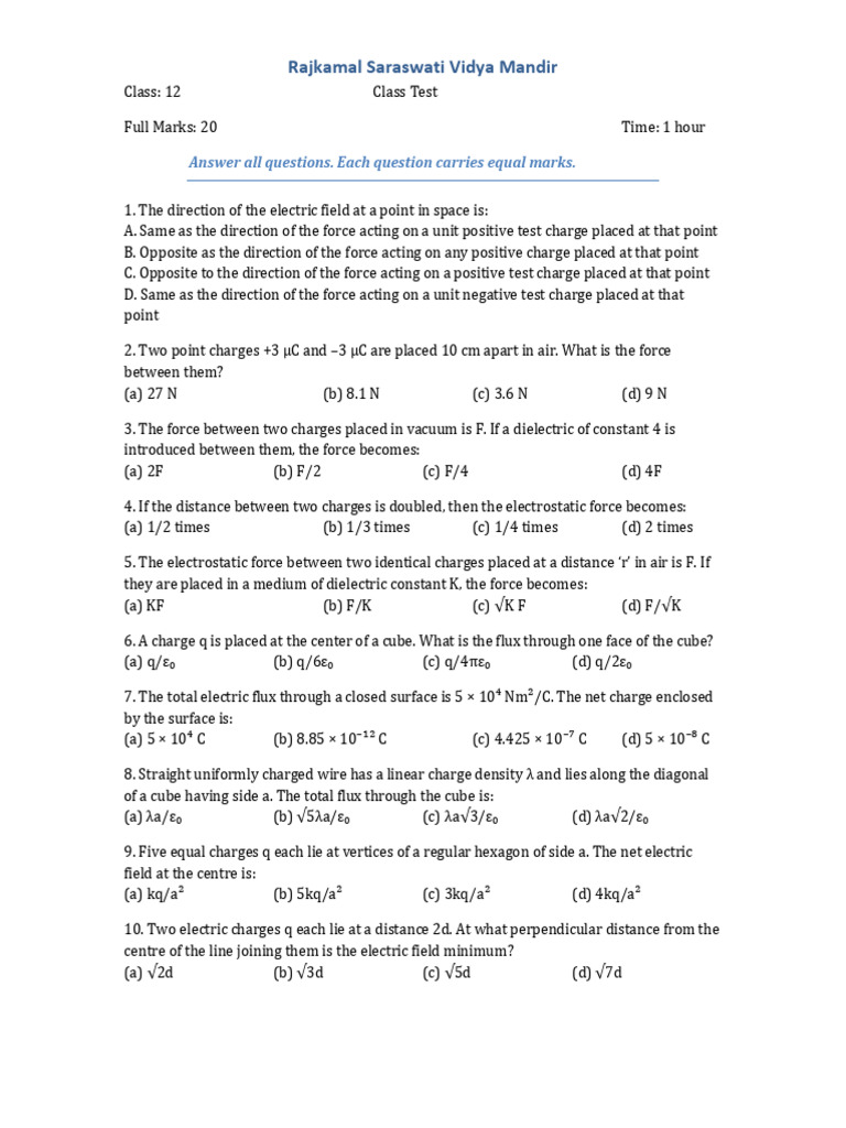 Class12 - ElectricField - Test 22 | PDF | Flux | Electric Field