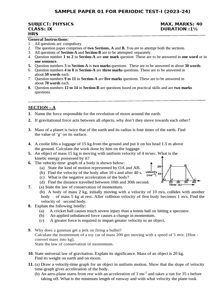Sample Paper 01 For Periodic Test Class 9 | PDF | Mass | Force