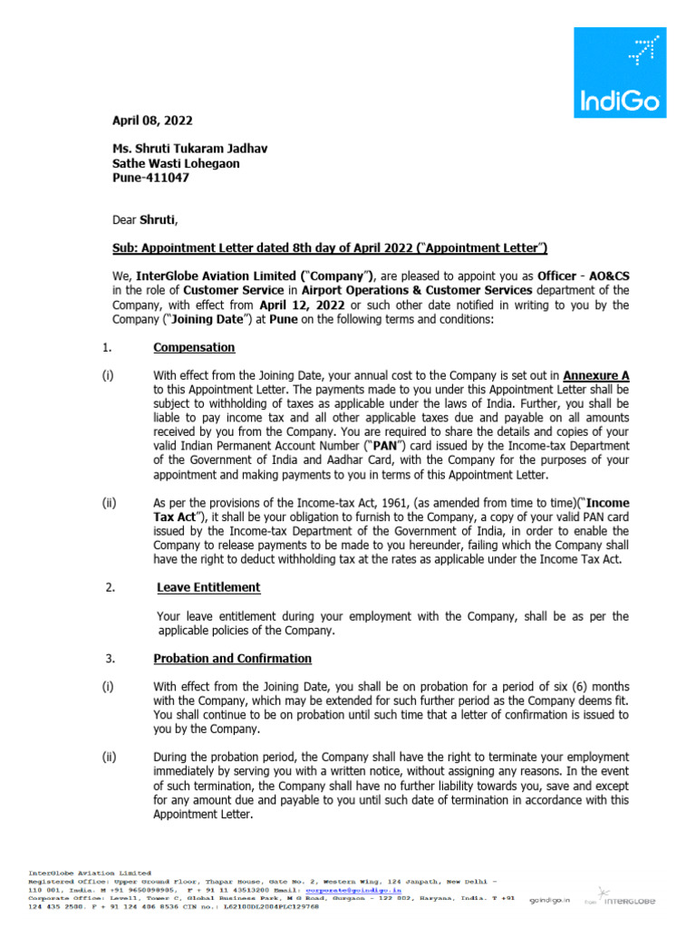 Appointment Letter for Customer Service Role | PDF | Income Tax