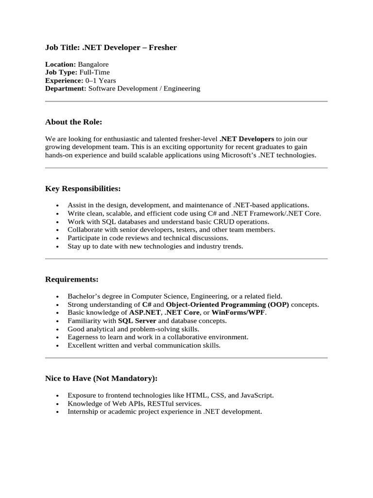 JD_ .Net Developer_Fresher_Bangalore. (1) (1) | PDF