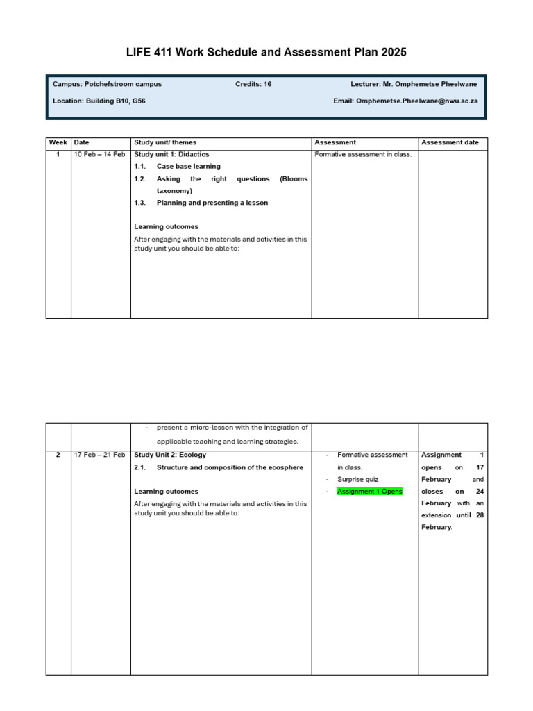 LIFE 411 Work Schedule and Assessment Plan 2025 | PDF | Ecosystem | Ecology