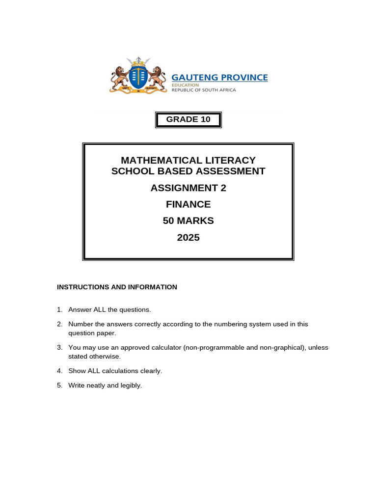 Math Lit Grade 10 Assignment 1 2025 Eng QP | PDF | Debit Card | Banks