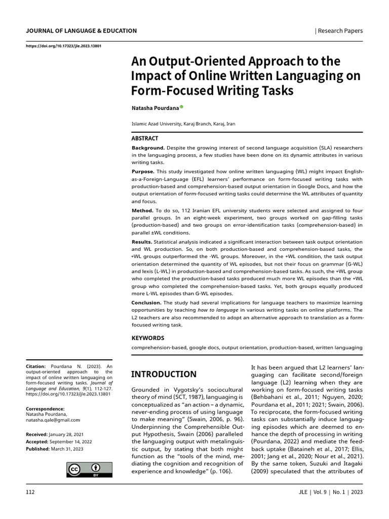 An Output-Oriented Approach To The Impact of Online Written Languaging On Form-Focused Writing ...