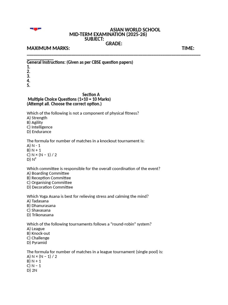 Question Paper Physical Education | PDF