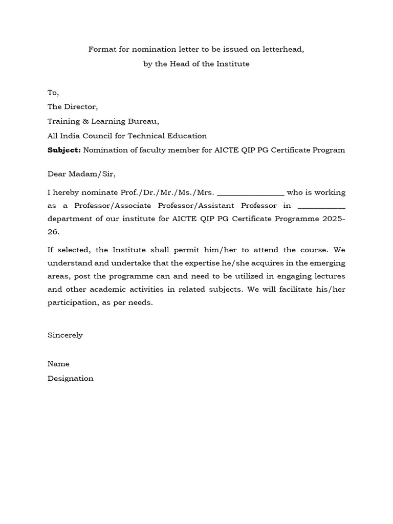 Nomination Letter for AICTE QIP Program | PDF