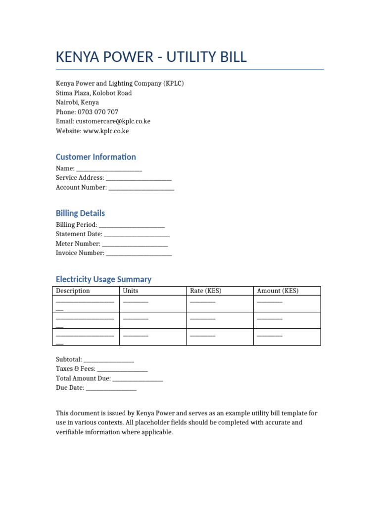 Kenya Power Utility Bill Template | PDF