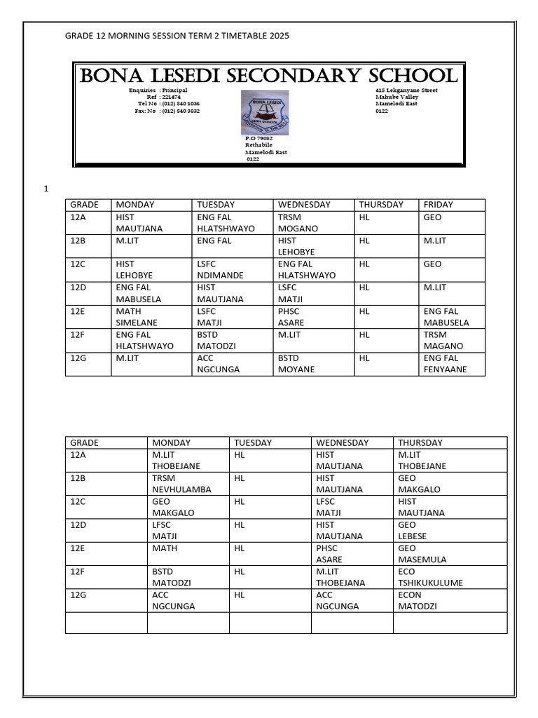 Grade12 Bona Lesedi Secondary School Timetable | PDF