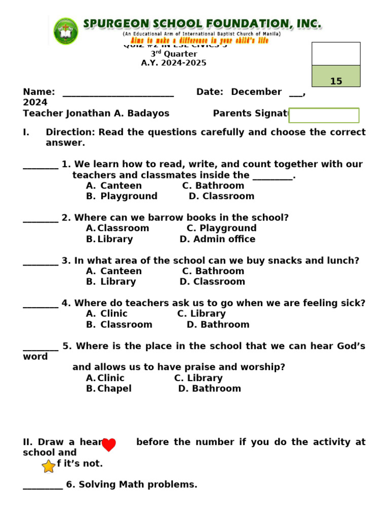 QUIZ 2 IN ESL CIVICS 3 | PDF