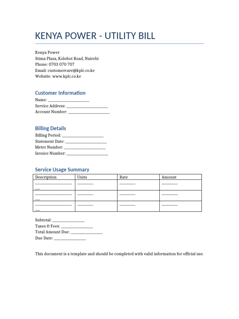 KPLC Utility Bill Template PDF | PDF