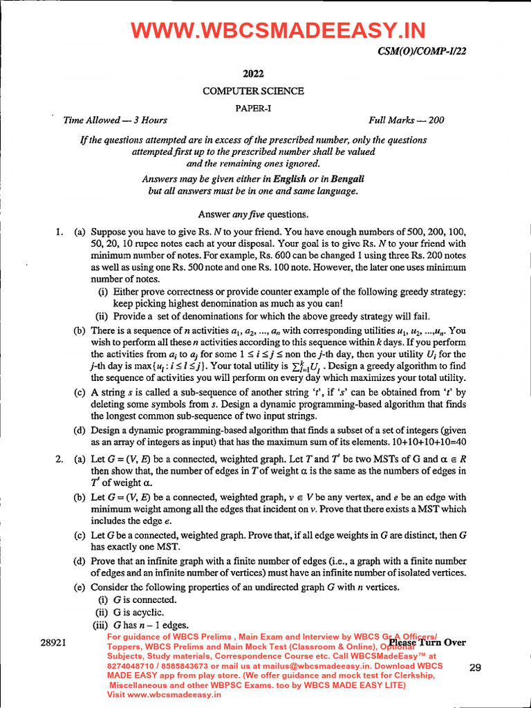 WBCS Computer Science PYQ 2022 | PDF | Qualifications | Educational Stages