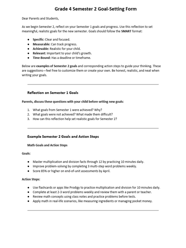 Grade 4 Semester 2 Goals Bank | PDF | Goal | Homework