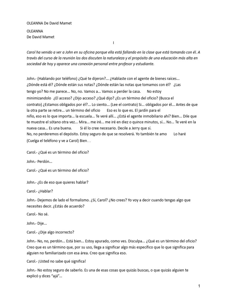 OLEANNA de David Mamet | PDF | Justicia | Crimen y violencia