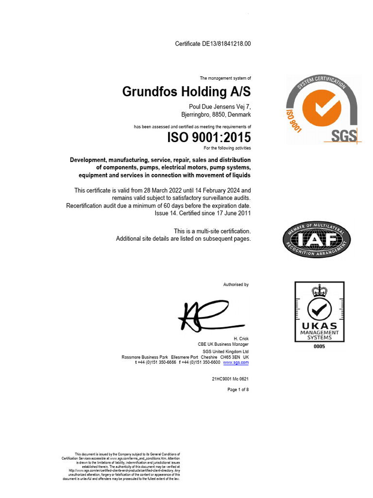 Grundfos Group ISO9001 Global Certificate | PDF | Turbomachinery