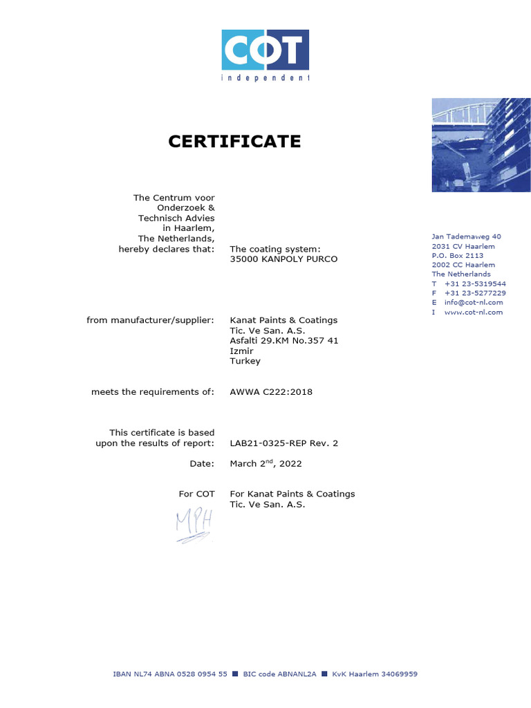 AWWA C222 Certificate - 35000 | PDF
