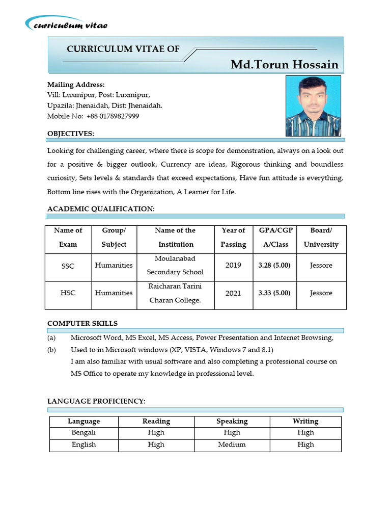 Md. Torun Hossain CV Luxmipur PDF | PDF