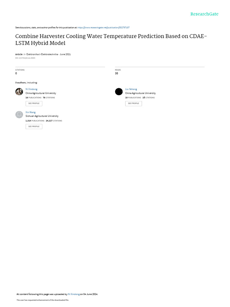 Combine Harvester Cooling Water Temperature Prediction Based On CDAE-LSTM Hybrid Model | PDF ...