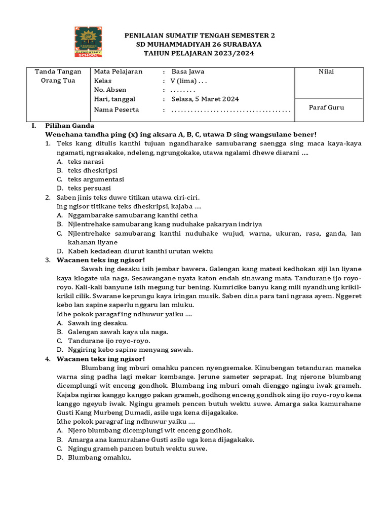Soal STS 2 Basa Jawa Kelas 5 Tapel 2324 | PDF