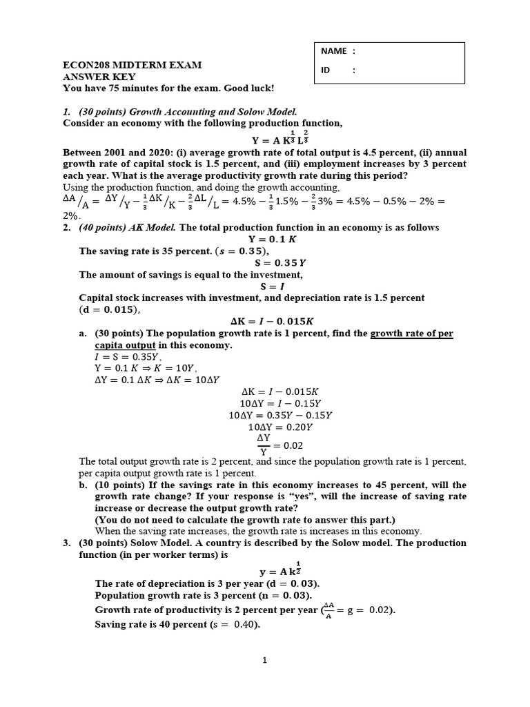 Midterm 2024 Econ208 Answerkey | PDF | Economic Growth | Economies