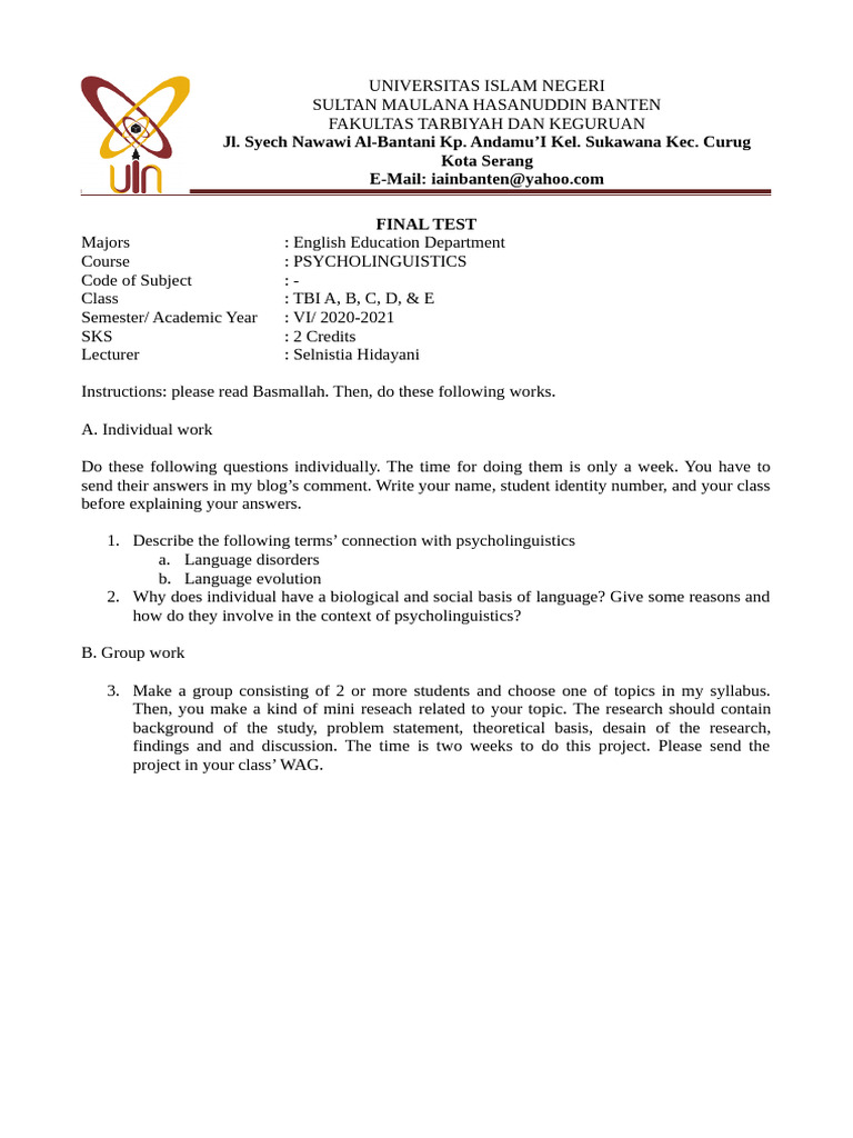 soal final test psycho | PDF