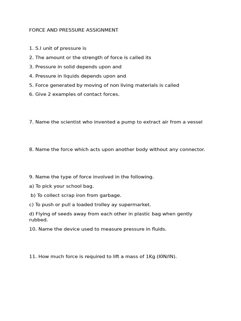 Force and Pressure Assignment | PDF