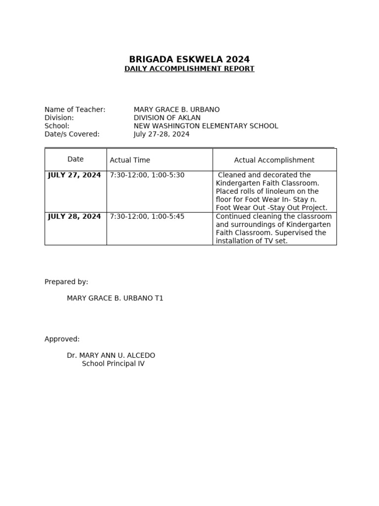 Brigada Eskwela 2024 Accomplishment Report | PDF
