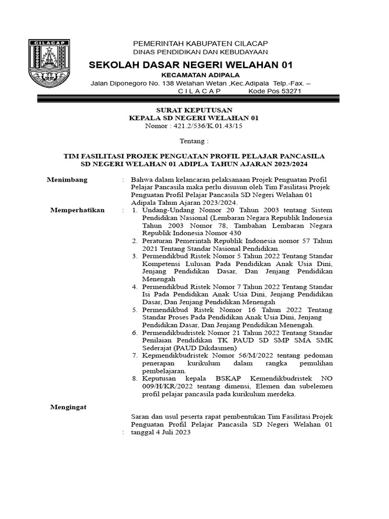 SK Tim Fasilitasi Projek Profil Pelajar Pancasila (p5) | PDF