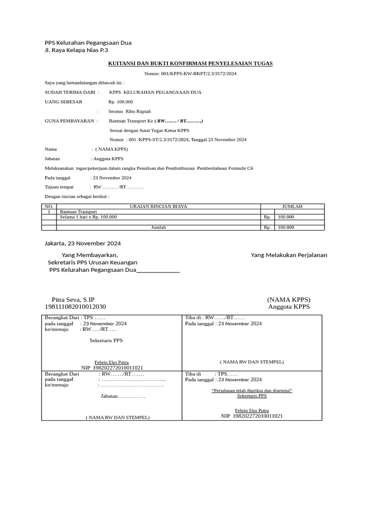 KUITANSI DAN BUKTI KONFIRMASI PENYELESAIAN TUGAS KPPS 2024_DN-05_B (1) | PDF