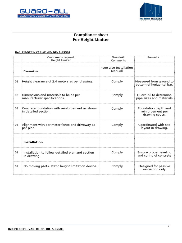 Guard-All Compliance Sheet - Height Limiter | PDF