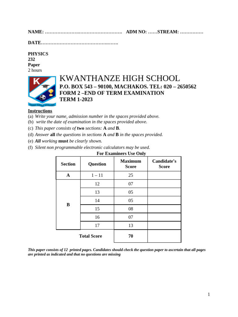 End Term 1 Form 2 Physics | PDF | Physical Phenomena | Physical Sciences
