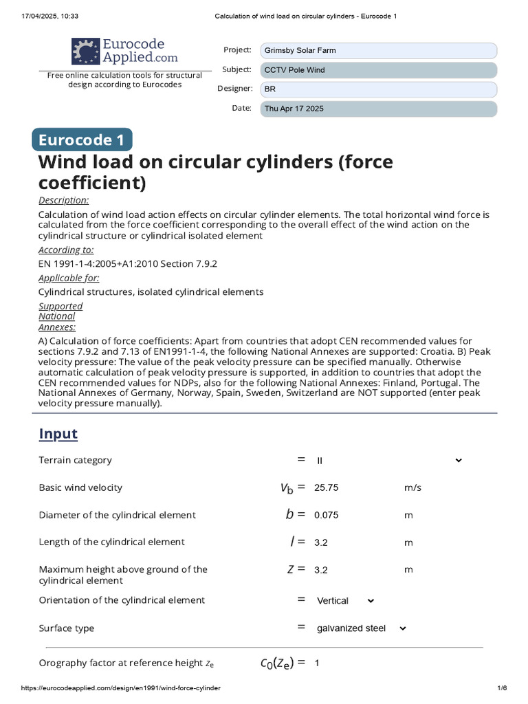 Calculation of Wind Load On Circular Cylinders - Eurocode 1 | PDF ...