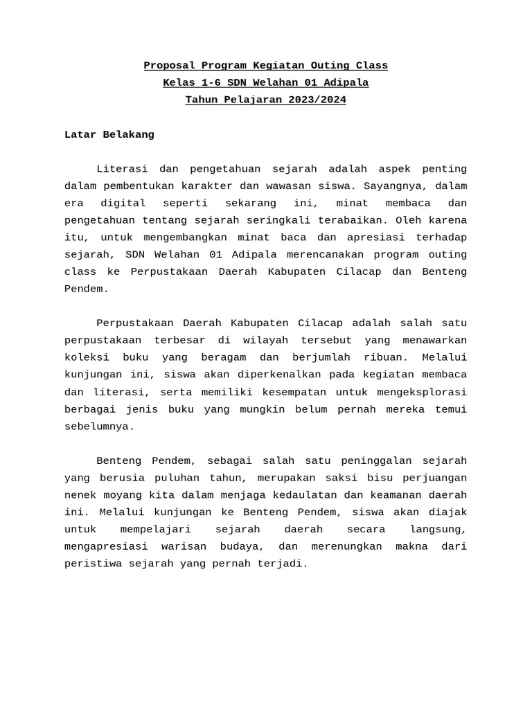 Proposal Program Kegiatan Outing Class - Perpusda | PDF