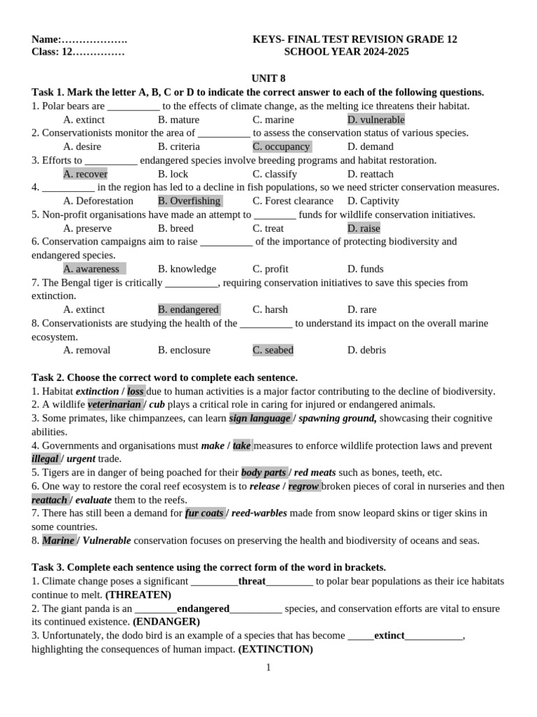 REVISION FINAL TEST GRADE 12 - KEYS | PDF | Conservation Biology ...