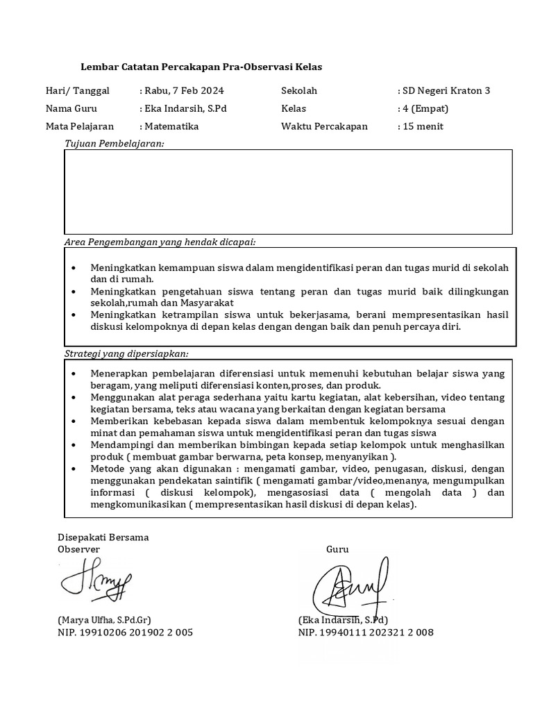 1_Lembar Catatan Percakapan Pra-Observasi Kelas (1) | PDF