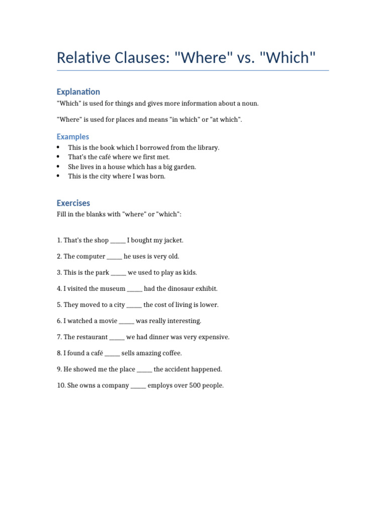 Relative Clauses: "Where" vs. "Which" Worksheet | PDF