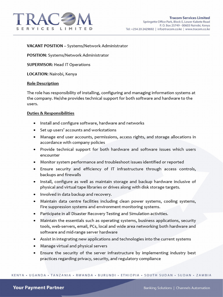 Systems/Network Administrator Vacancy | PDF | Computer Security | Security