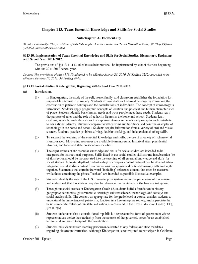 Chapter 113. Texas Essential Knowledge and Skills For Social Studies ...