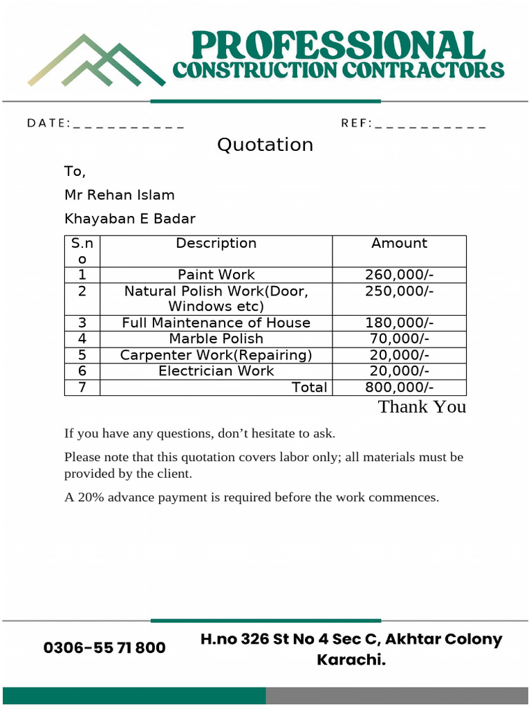 Professional Construction Contractors Quotation | PDF