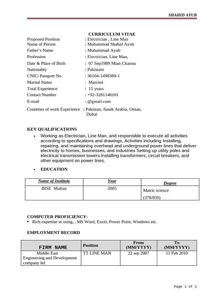 Shahid Ayub CV | PDF | Power (Physics) | Electric Power