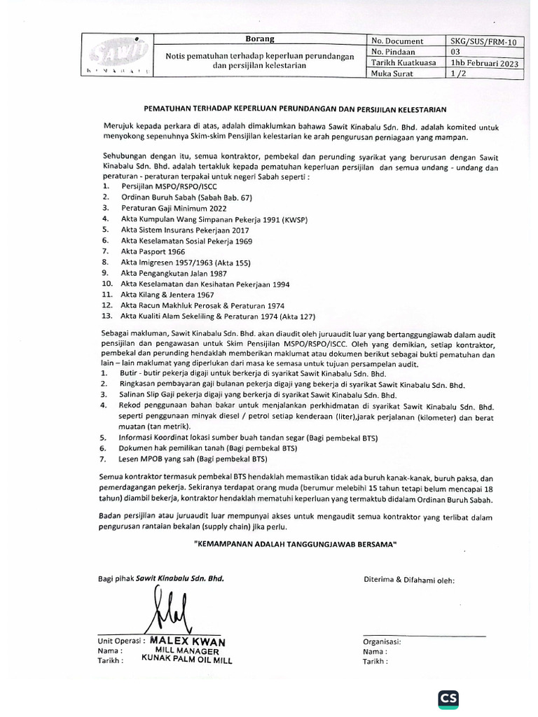 Pematuhan Mspo | PDF