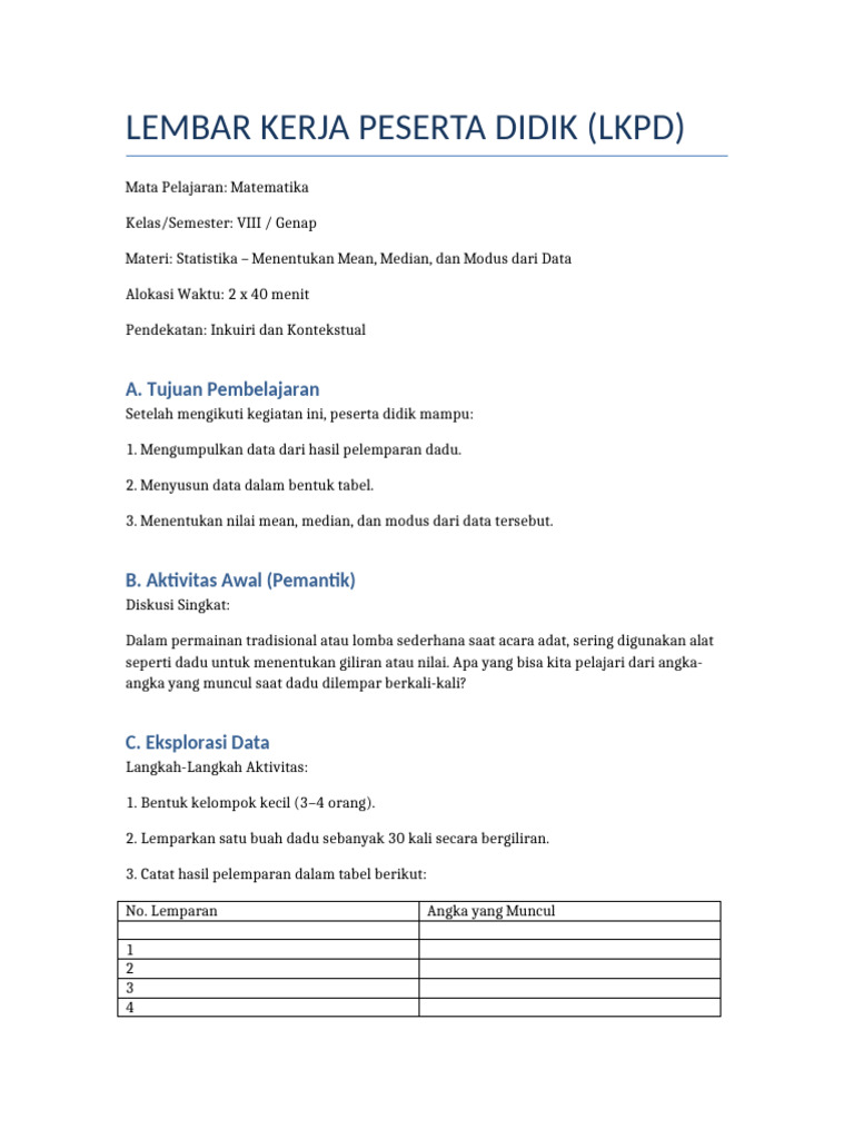 LKPD Mean Median Modus Pelemparan Dadu | PDF