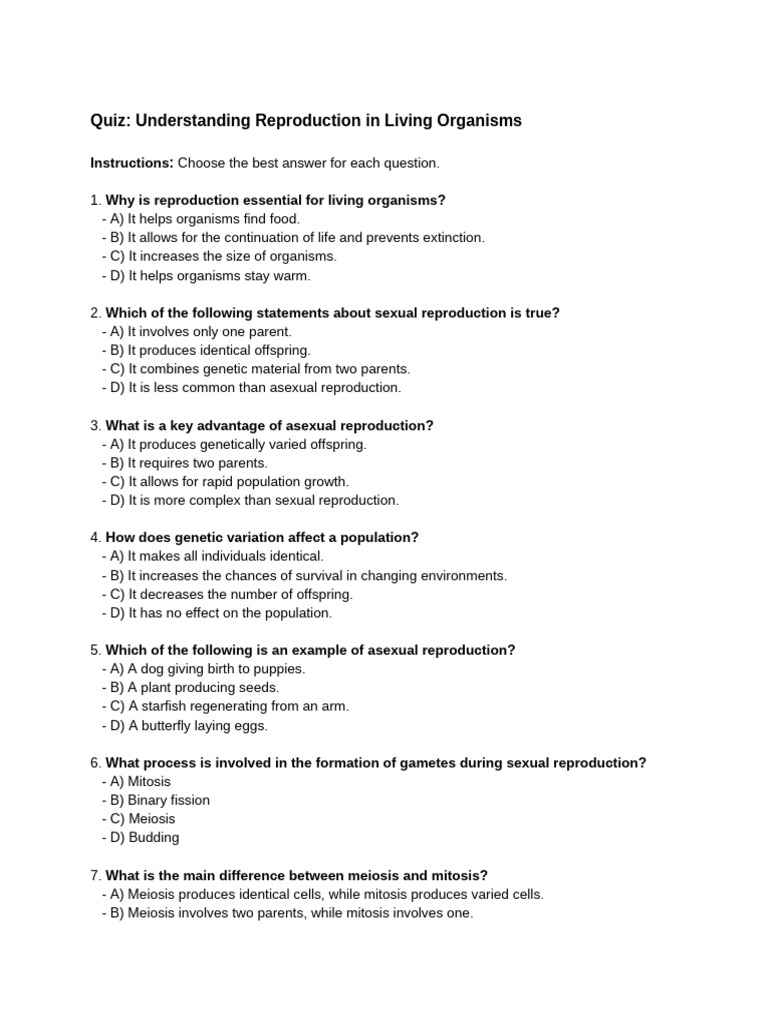Quiz - Understanding Reproduction in Living Organisms | PDF ...