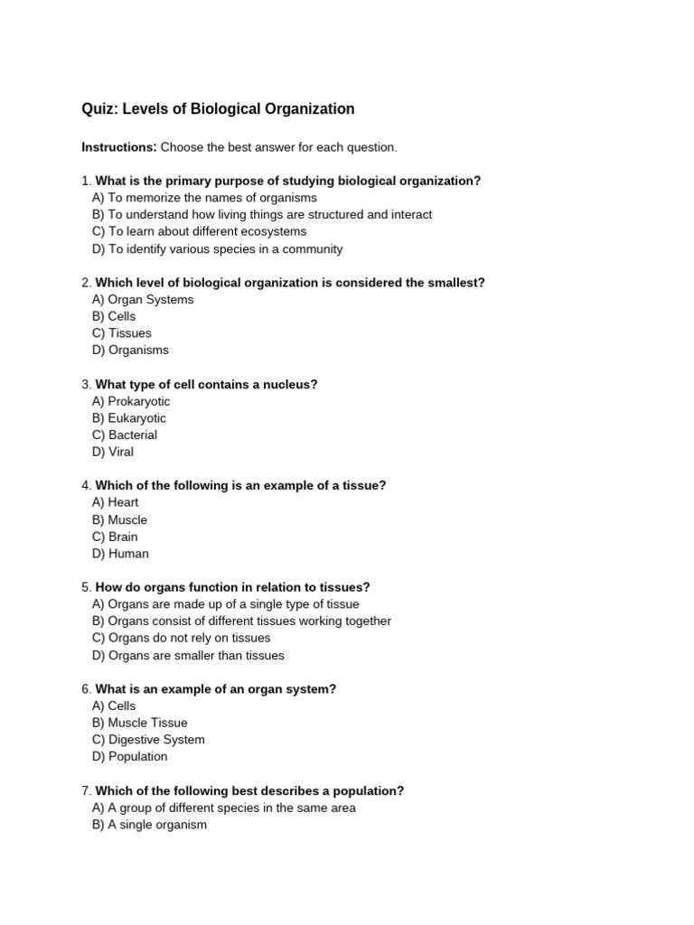 Grade 7 Biological Organization Quiz | PDF | Cell (Biology) | Biology